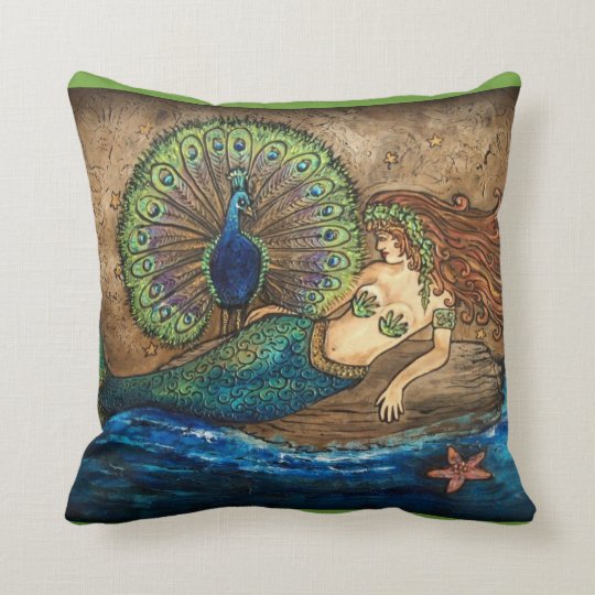 Mermaid and Peacock Toss Pillow | Zazzle.com