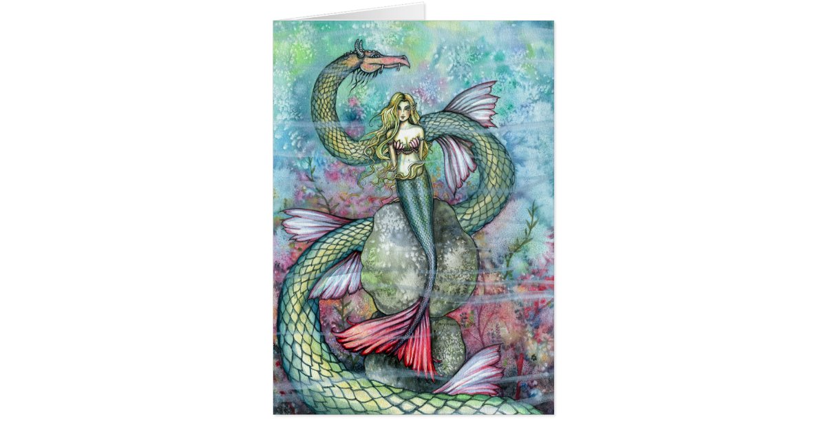 Mermaid and Sea Serpent Card ~ Blank | Zazzle