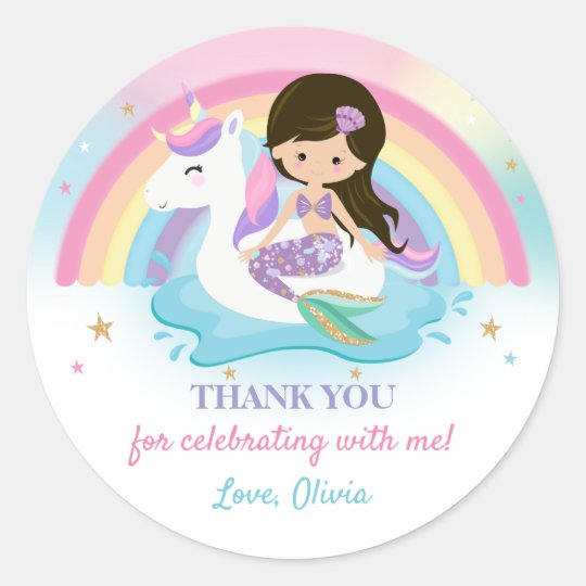 Mermaid and Unicorn Pool Birthday Party Favor Classic Round Sticker ...