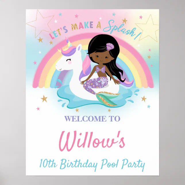 Mermaid and Unicorn Pool Birthday Party Welcome Poster | Zazzle