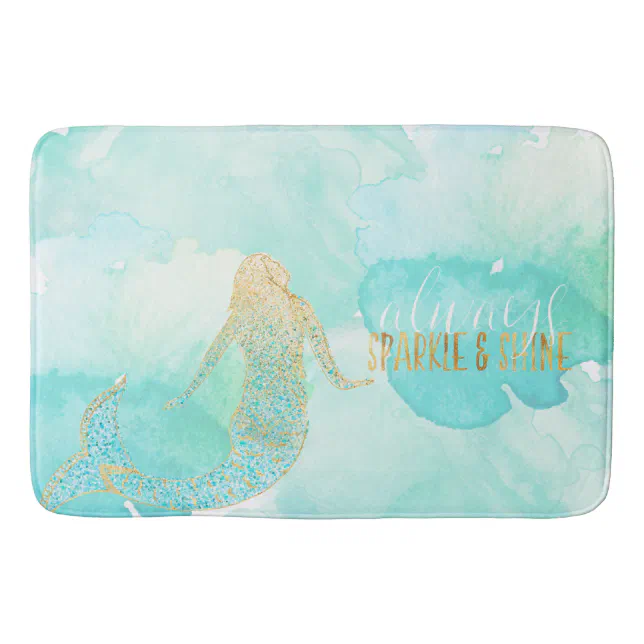 Mermaid Aqua Gold Sparkle Bath Mat | Zazzle