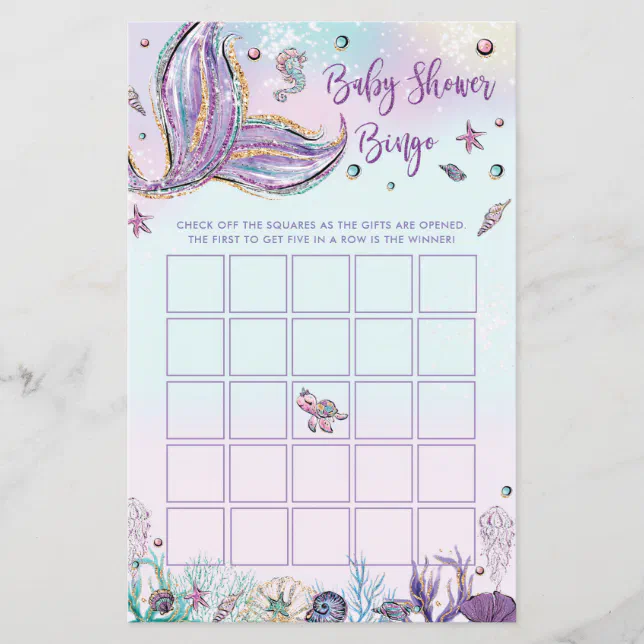 Mermaid Baby Shower Bingo Game Activity Baby Girl | Zazzle