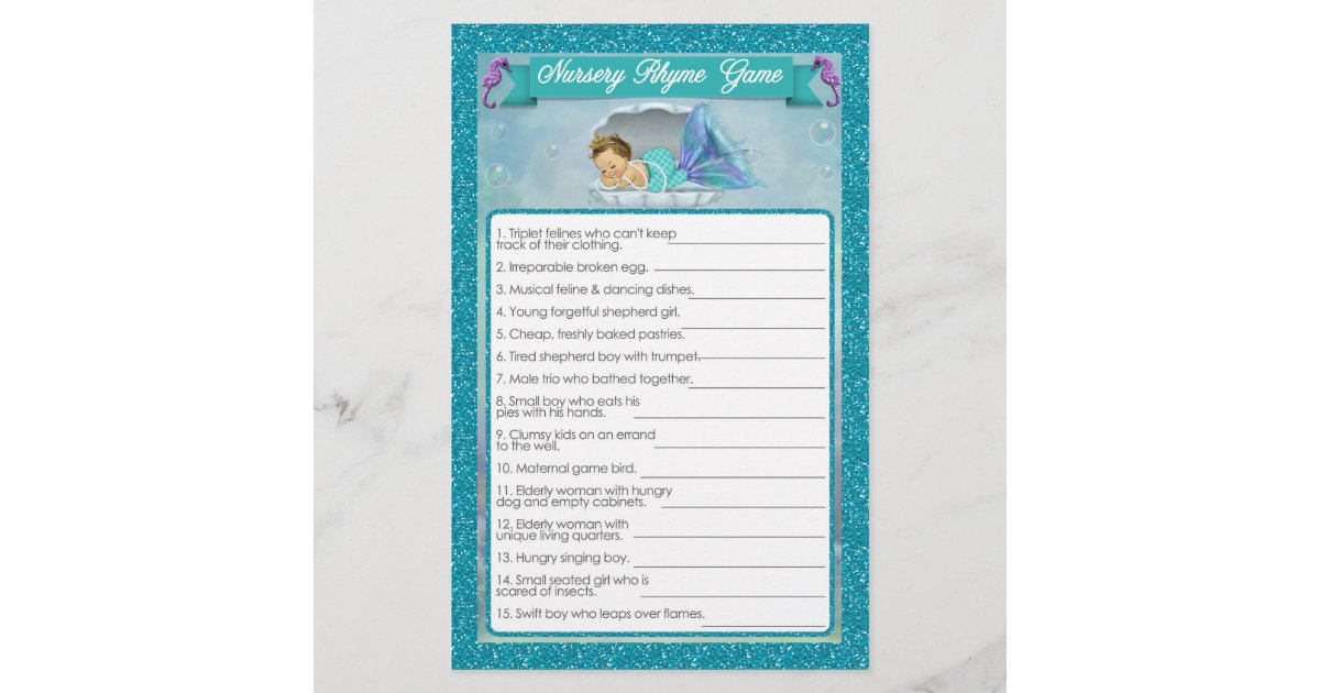 Mermaid Baby Shower Nursery Rhyme Game #130 | Zazzle