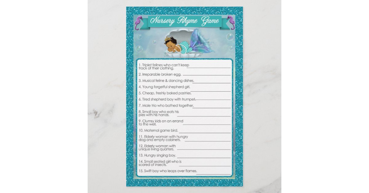 Mermaid Baby Shower Nursery Rhyme Game #136 | Zazzle
