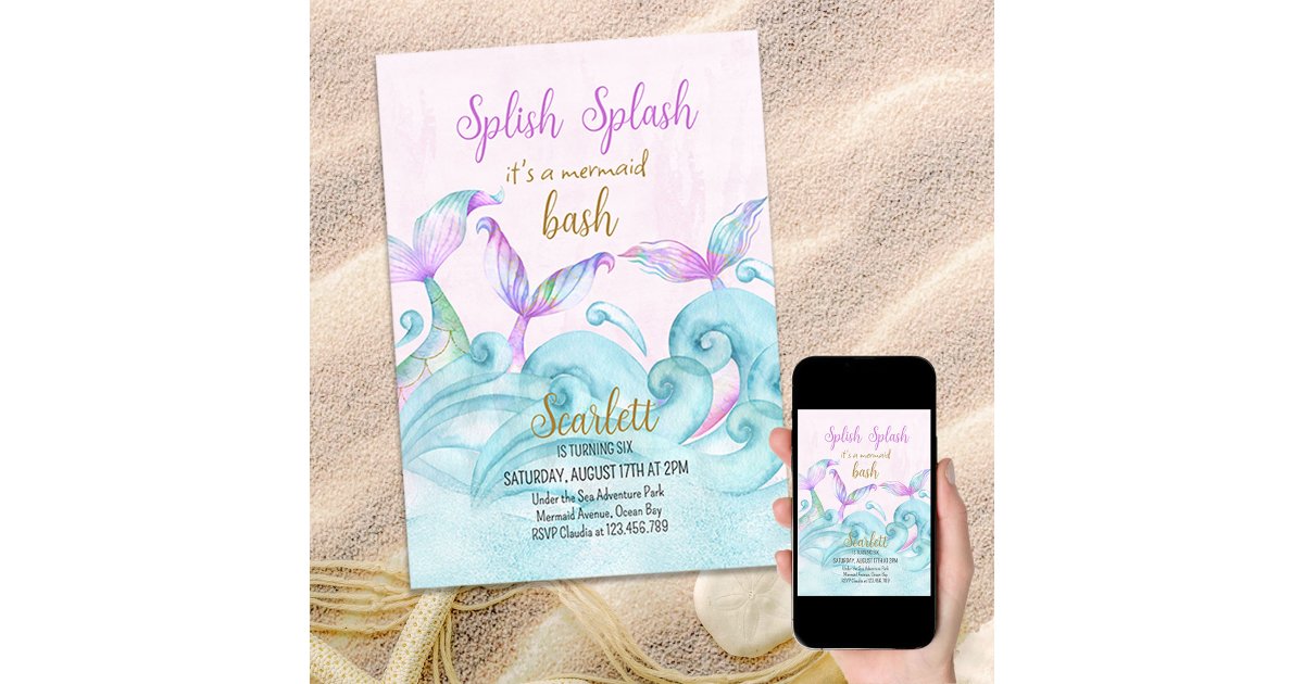 Mermaid Bash Splish Splash Birthday Party Invitation | Zazzle