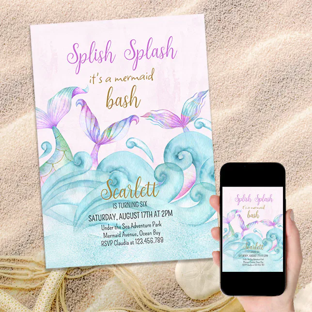 Mermaid Bash Splish Splash Birthday Party Invitation | Zazzle