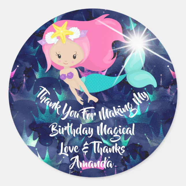 Mermaid Birthday Favor Girl Spark Braid Pink Sea Classic Round Sticker ...