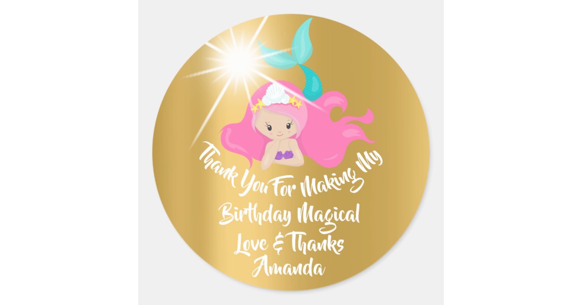 Mermaid Birthday Favor Girl Spark Gold Pink Aqua Classic Round Sticker ...