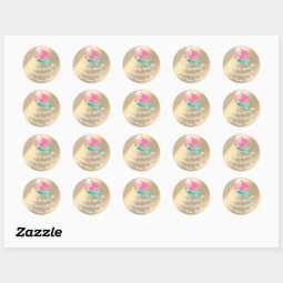 Mermaid Birthday Favor Pink Spark Gold Seashells Classic Round Sticker ...