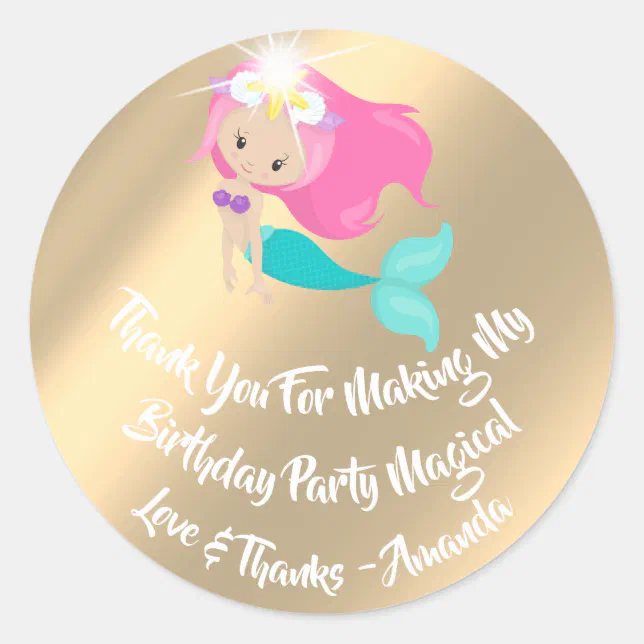 Mermaid Birthday Favor Pink Spark Gold Seashells Classic Round Sticker ...