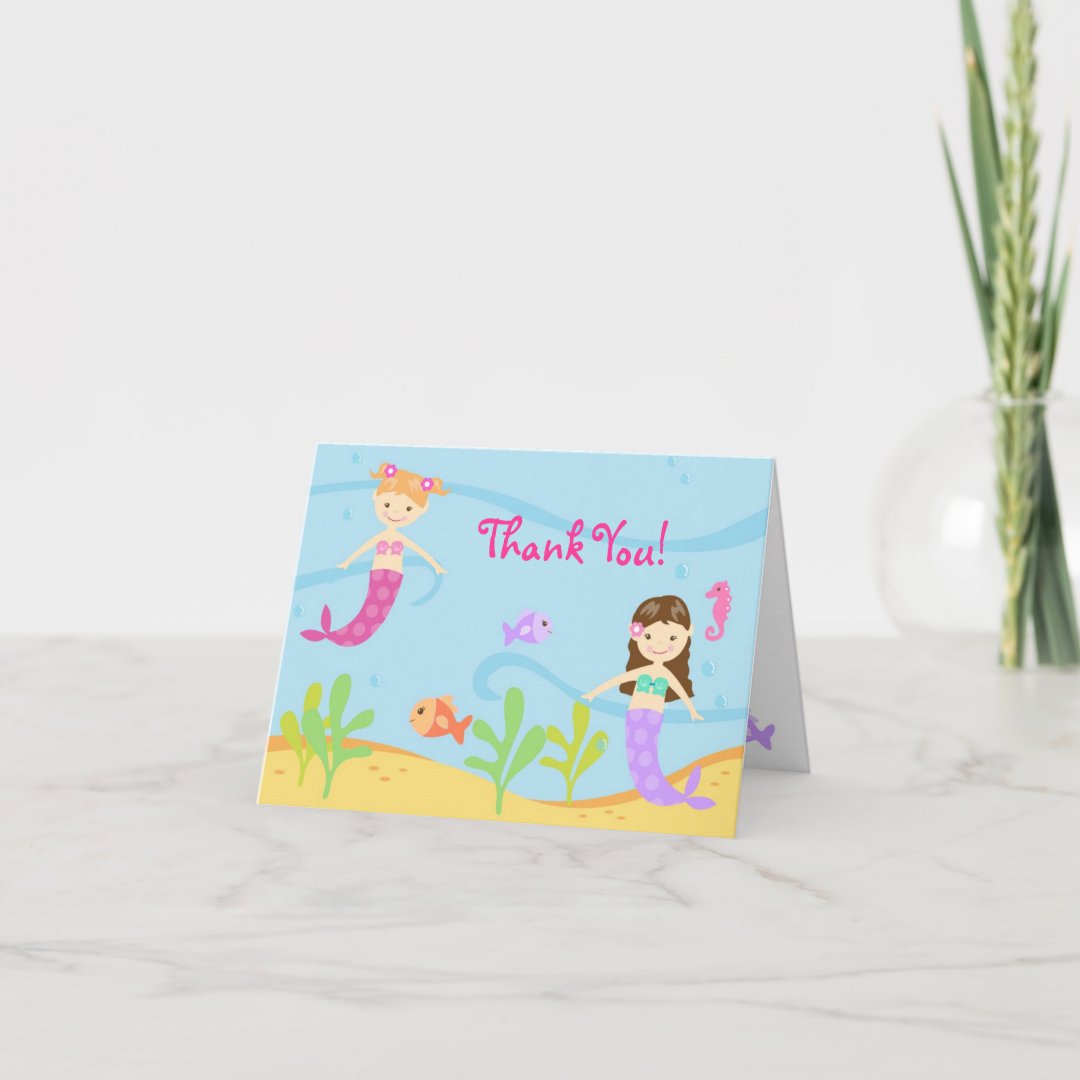 Mermaid BIrthday Kids Folded Thank You Note Cards | Zazzle