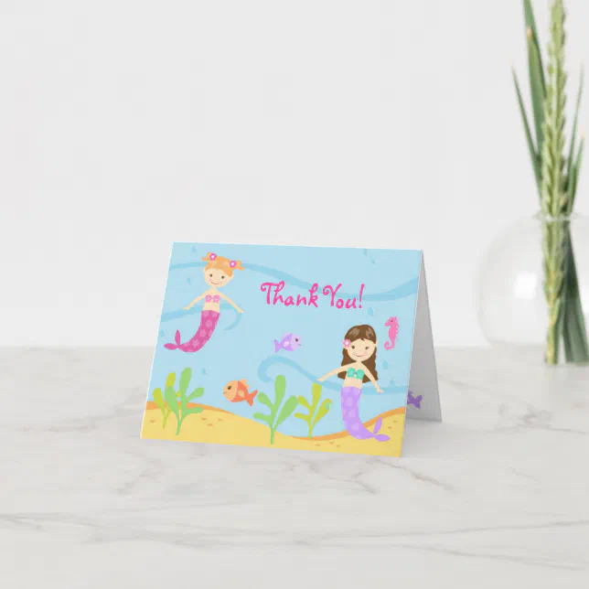 Mermaid BIrthday Kids Folded Thank You Note Cards | Zazzle