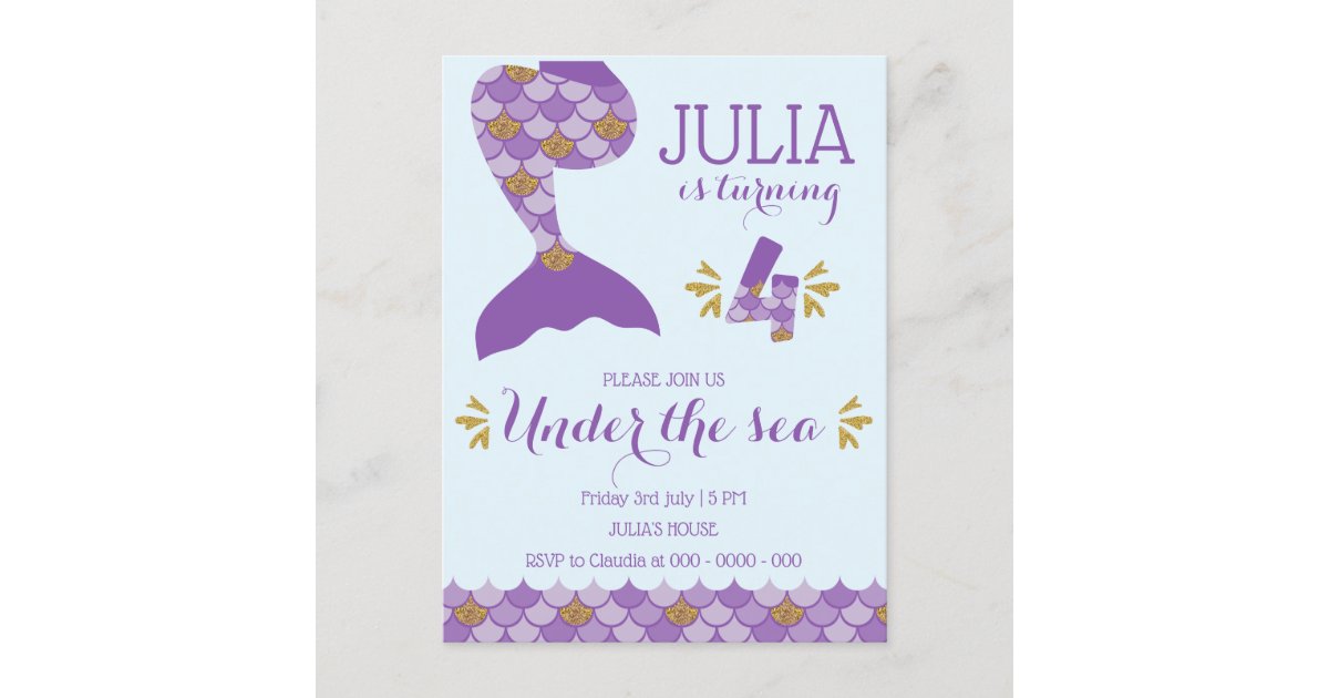 Mermaid Birthday Mermaid Number 4 Invitation Postcard | Zazzle
