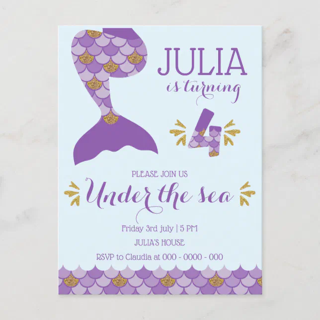 Mermaid Birthday Mermaid Number 4 Invitation Postcard | Zazzle