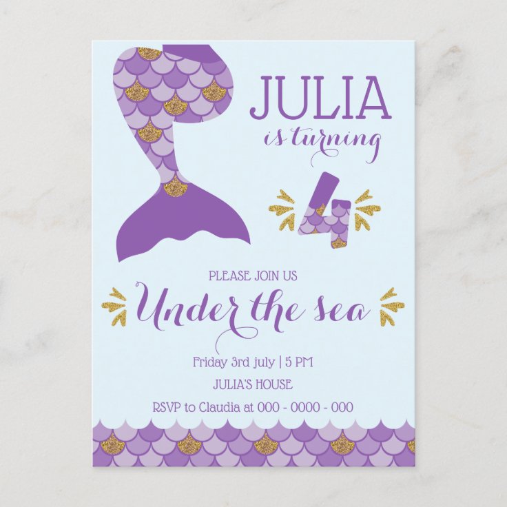 Mermaid Birthday Mermaid Number 4 Invitation Postcard | Zazzle