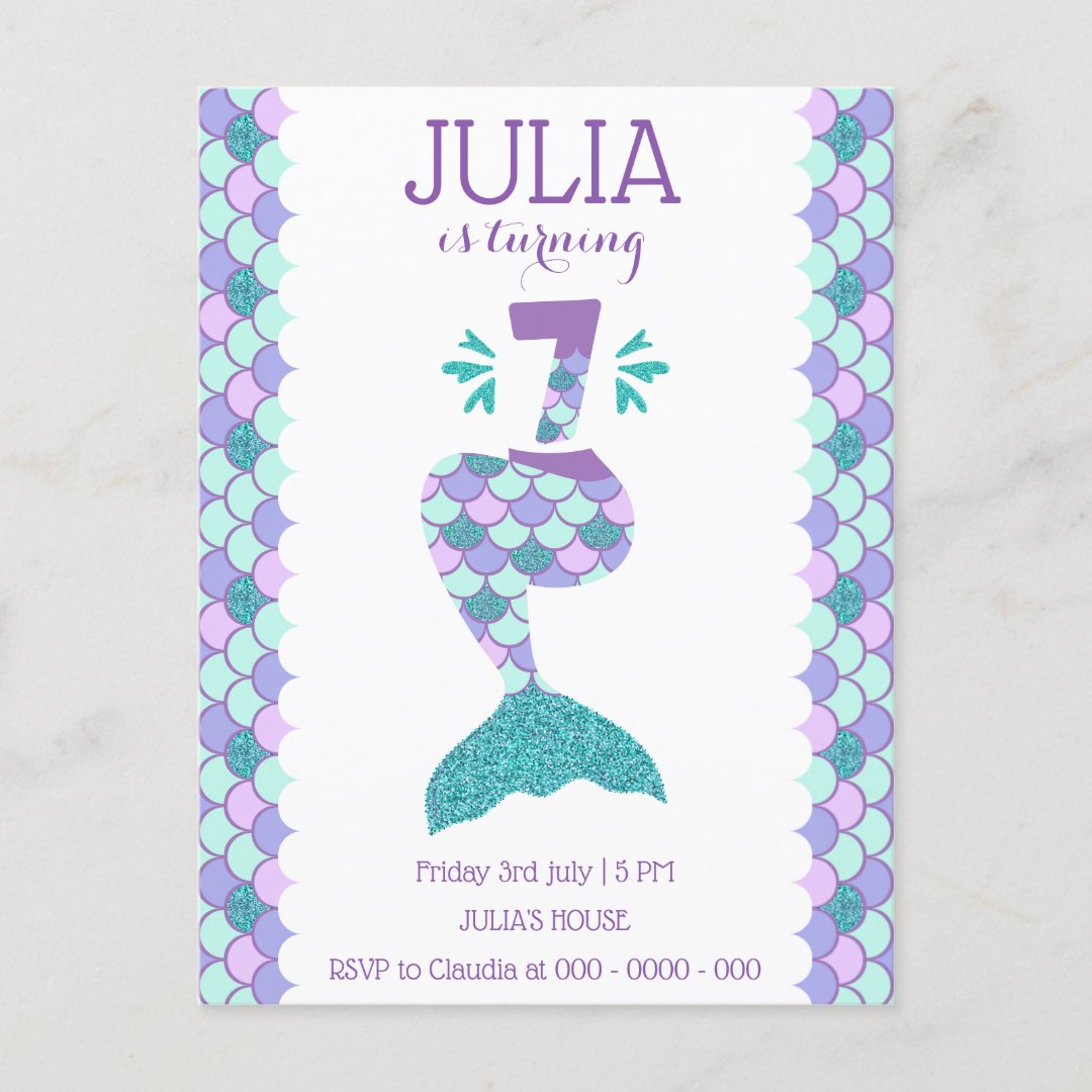Mermaid Birthday Mermaid Number 7 Invitation Postcard | Zazzle