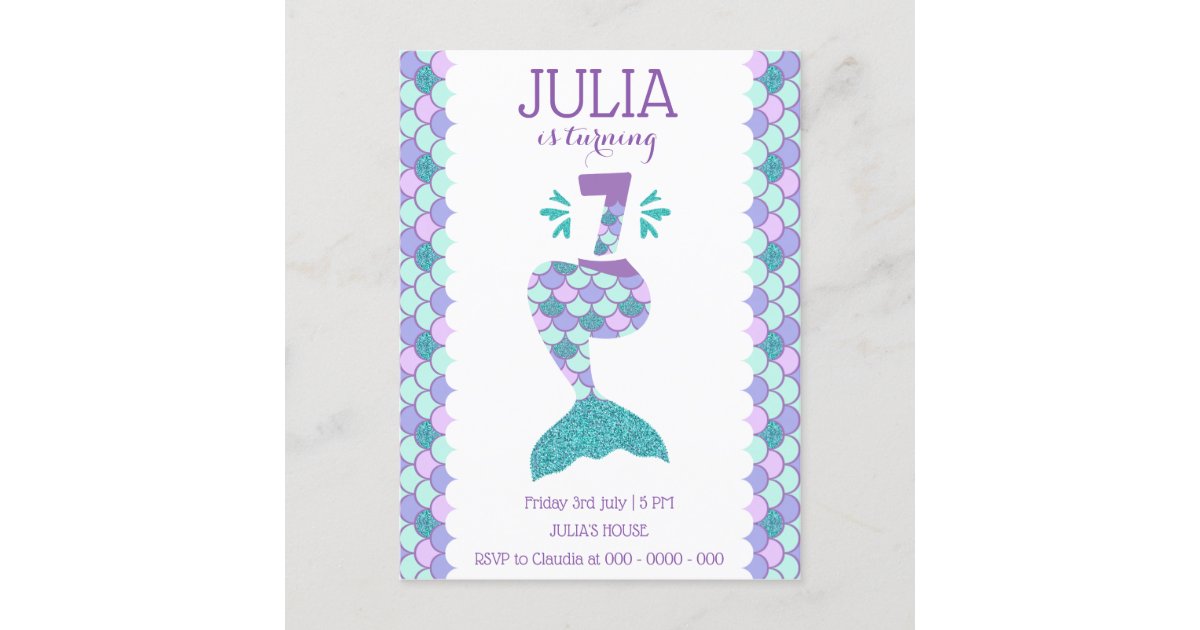 Mermaid Birthday Mermaid Number 7 Invitation Postcard | Zazzle