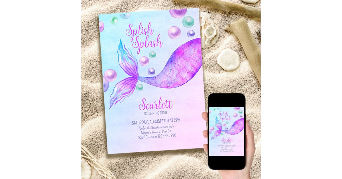 Mermaid Birthday Party Any Age Splish Splash Invitation | Zazzle