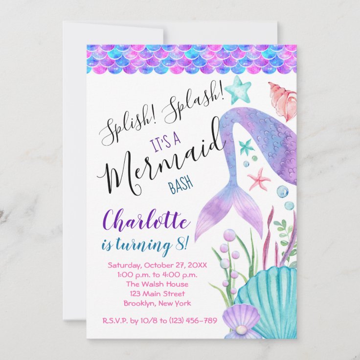 Mermaid Birthday, Splish Splash Invitation | Zazzle