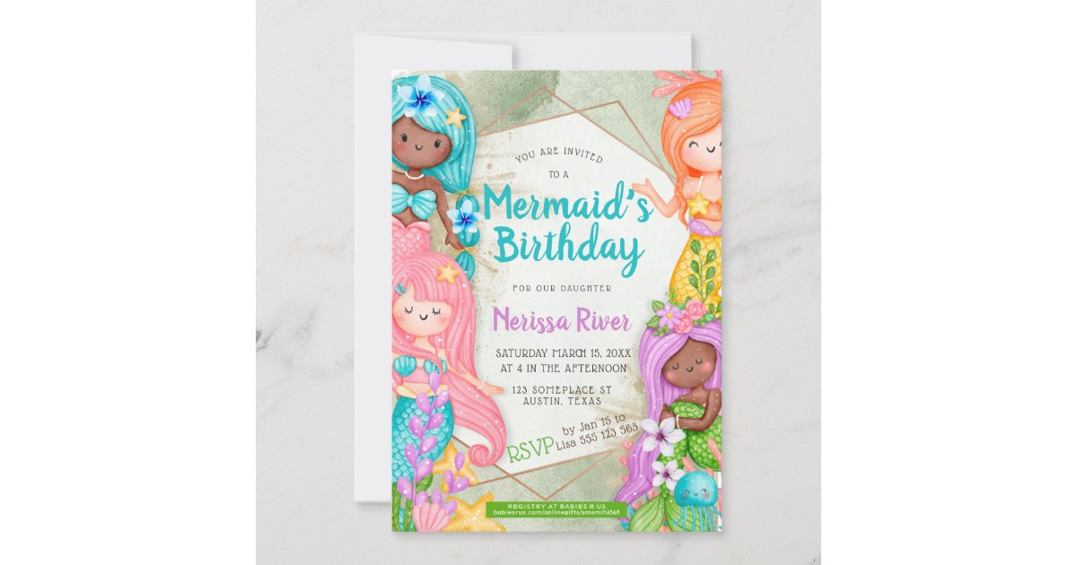 Mermaid Birthday theme Cute Cartoon Mermaids Invitation | Zazzle