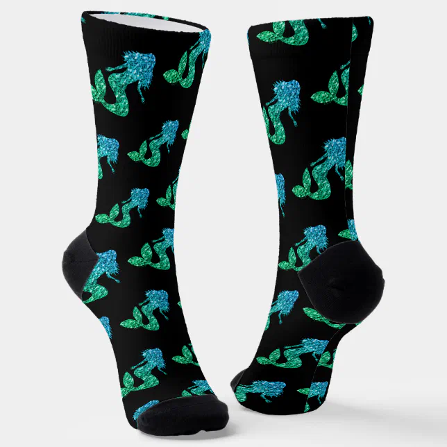 Mermaid blue green ombre Sparkles pattern black Socks | Zazzle