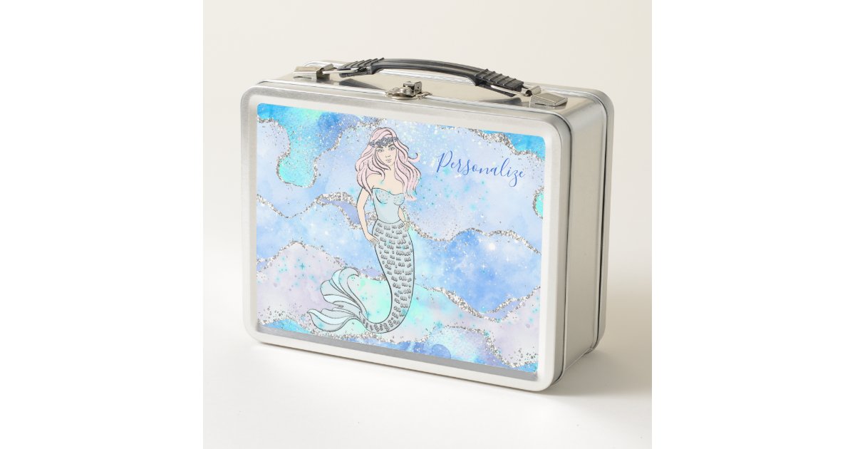 Mermaid Blue Silver Glitter Glam Personalized Metal Lunch Box | Zazzle