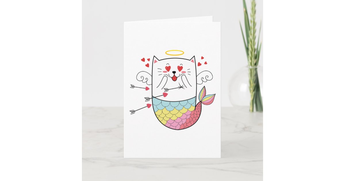 Mermaid Cat Cute Personalized Valentine Holiday Card | Zazzle