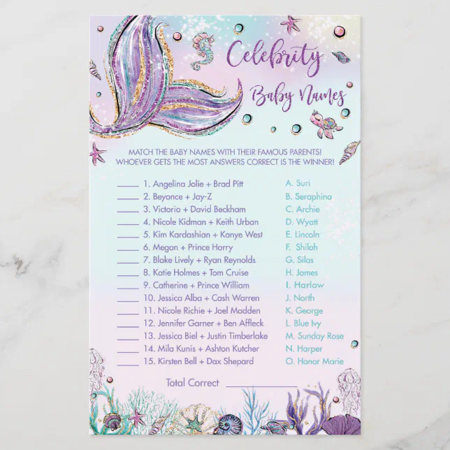Mermaid Celebrity Baby Names Game Shower Activity | Zazzle