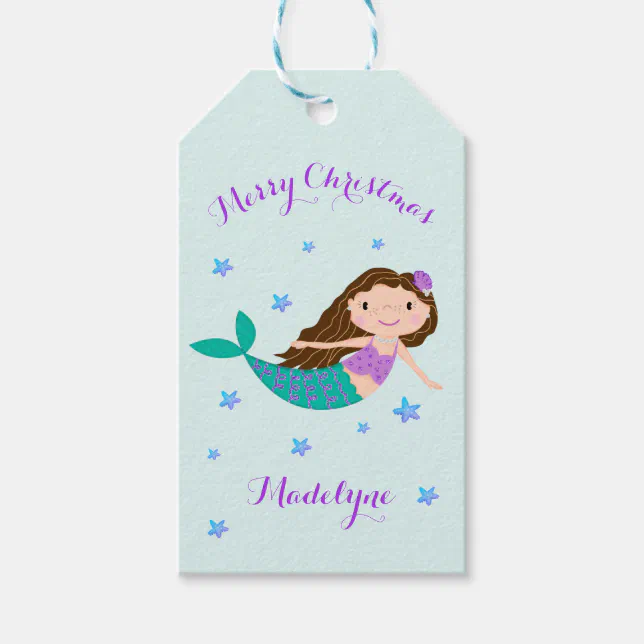 Mermaid Christmas Purple Glitter Personalized Name Gift Tags | Zazzle