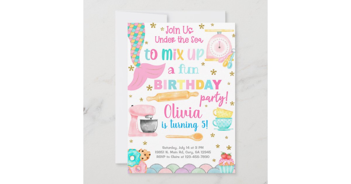 Mermaid & cooking baking girl birthday invitation. invitation | Zazzle
