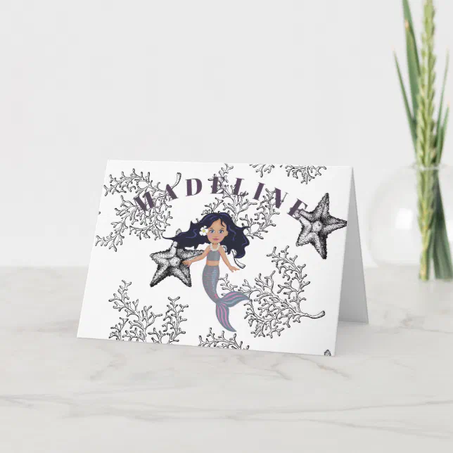 Mermaid Cute Dark Hair Under The Sea Birthday Card | Zazzle