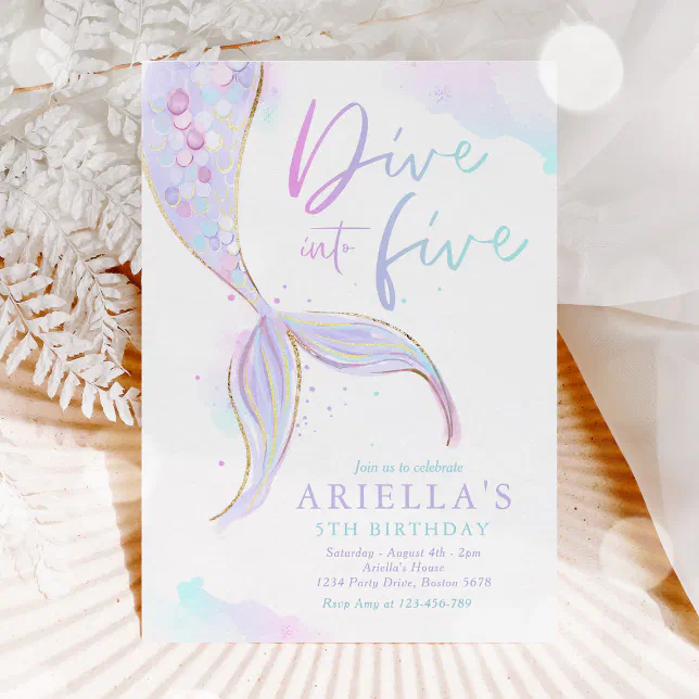Mermaid Dive Into Five 5th Birthday Party Invitation | Zazzle