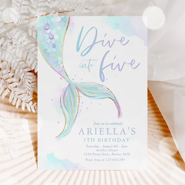Mermaid Dive Into Five 5th Birthday Party Invitation | Zazzle