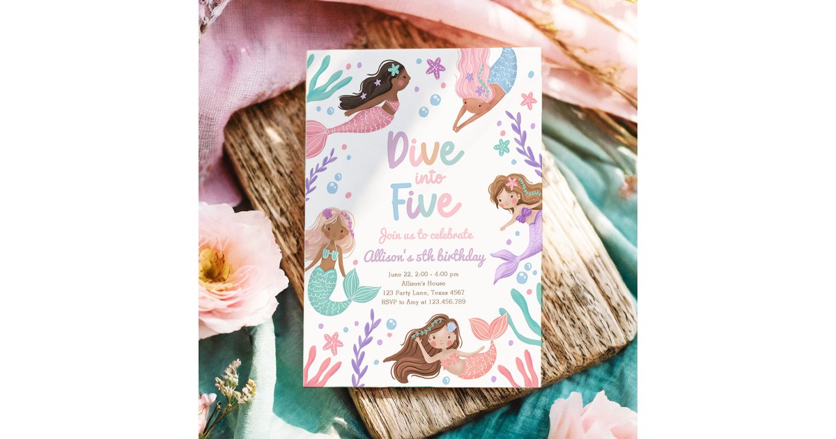 Mermaid Dive Into Five Pool Party 5th Birthday Invitation | Zazzle
