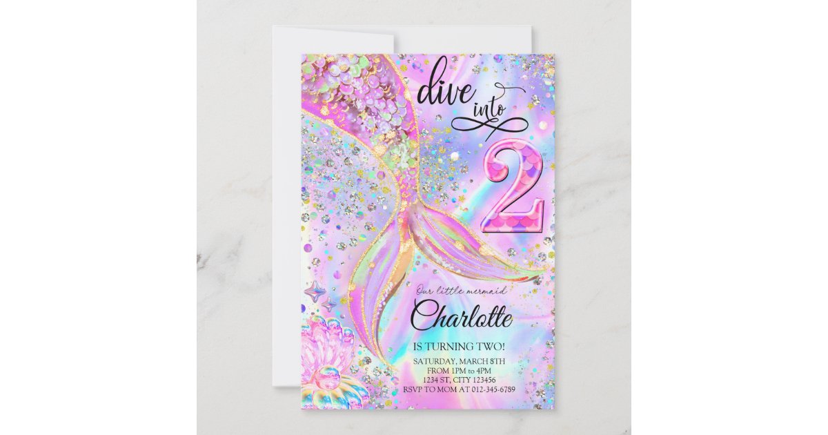 Mermaid Dive Into Two 2th Birthday Party Invitation | Zazzle