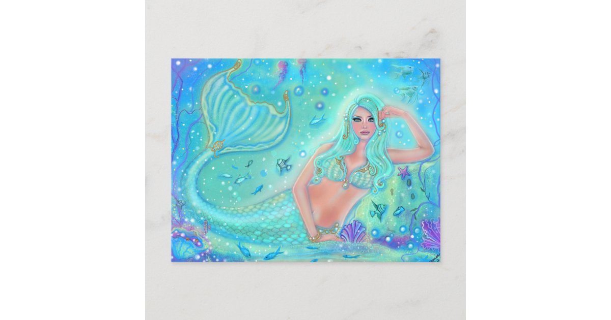 Mermaid Eira with tropical fish by Renee Lavoie Postcard | Zazzle