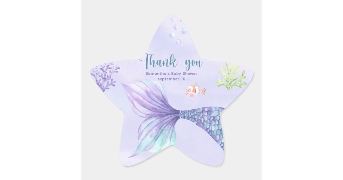 Mermaid Girl Baby Shower Thank you Star Sticker | Zazzle
