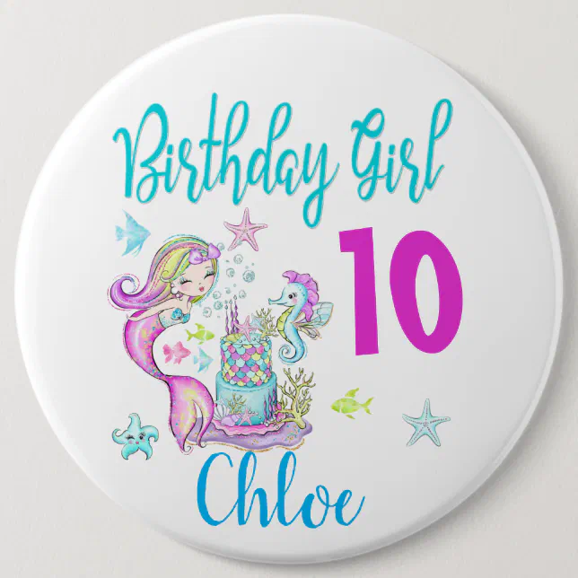 Mermaid Girl Birthday Party Group Matching Theme Button | Zazzle