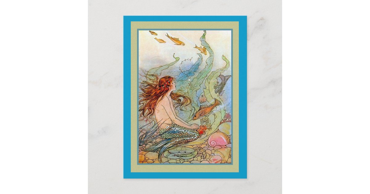 Mermaid Girl in Sea with Fish and Shells Postcard | Zazzle
