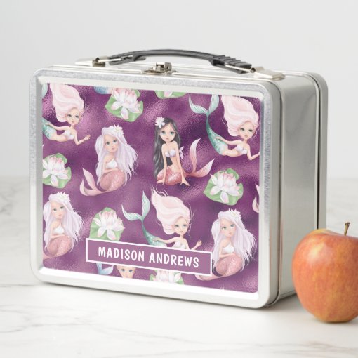 Mermaid Girly Metallic Purple Personalized Name Metal Lunch Box | Zazzle