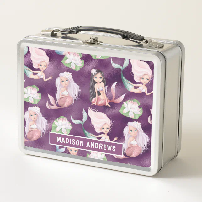 Mermaid Girly Metallic Purple Personalized Name Metal Lunch Box | Zazzle