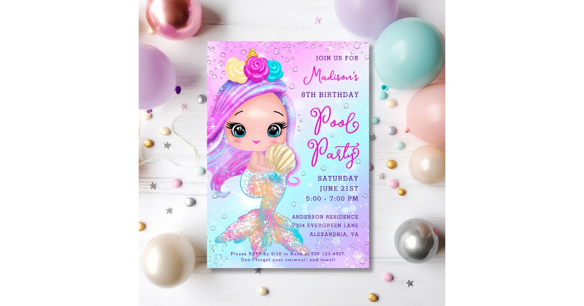 Mermaid Glitter Pool Party Birthday Invitation | Zazzle