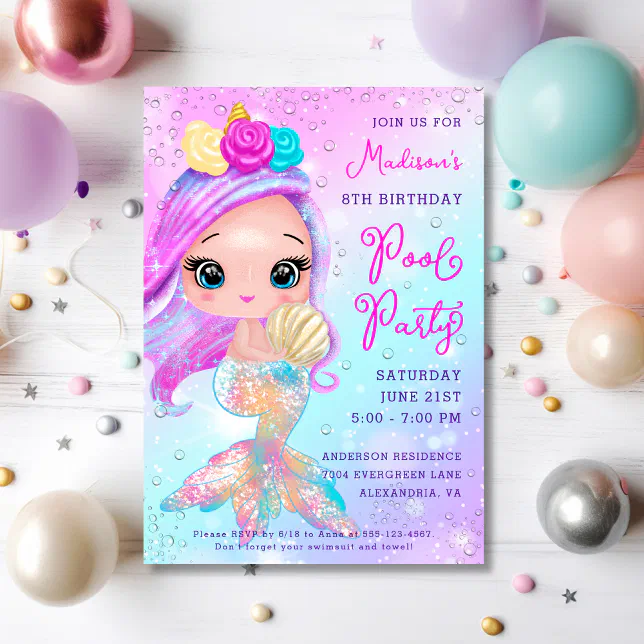 Mermaid Glitter Pool Party Birthday Invitation | Zazzle