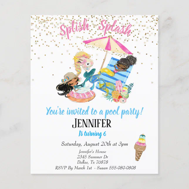 Mermaid Gold Confetti Pool Party Birthday Invitati | Zazzle