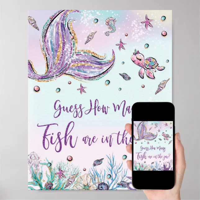 Mermaid Guess How Many Fish Baby Shower Birthday Poster | Zazzle