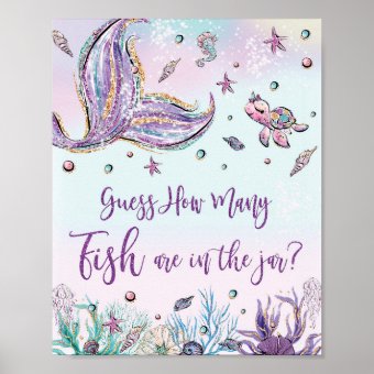 Mermaid Guess How Many Fish Baby Shower Birthday Poster | Zazzle