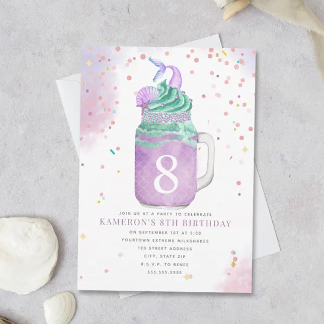 Mermaid Mason Jar Milkshake Girls Birthday Age Inv Invitation | Zazzle
