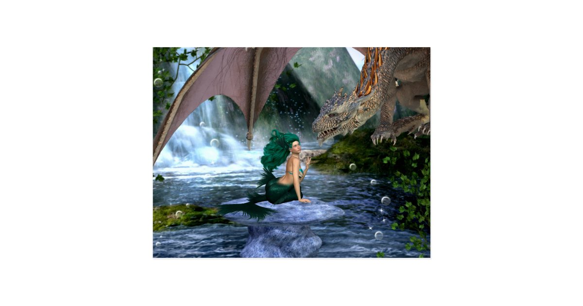 Mermaid Meets Dragon Fantasy Waterfall Postcard | Zazzle.com