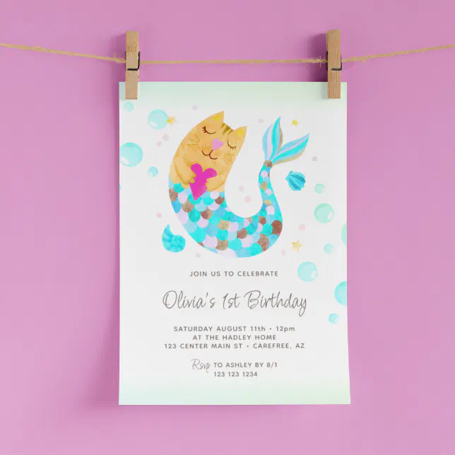 Mermaid MerCat Cute Watercolor 1st Birthday Invitation | Zazzle
