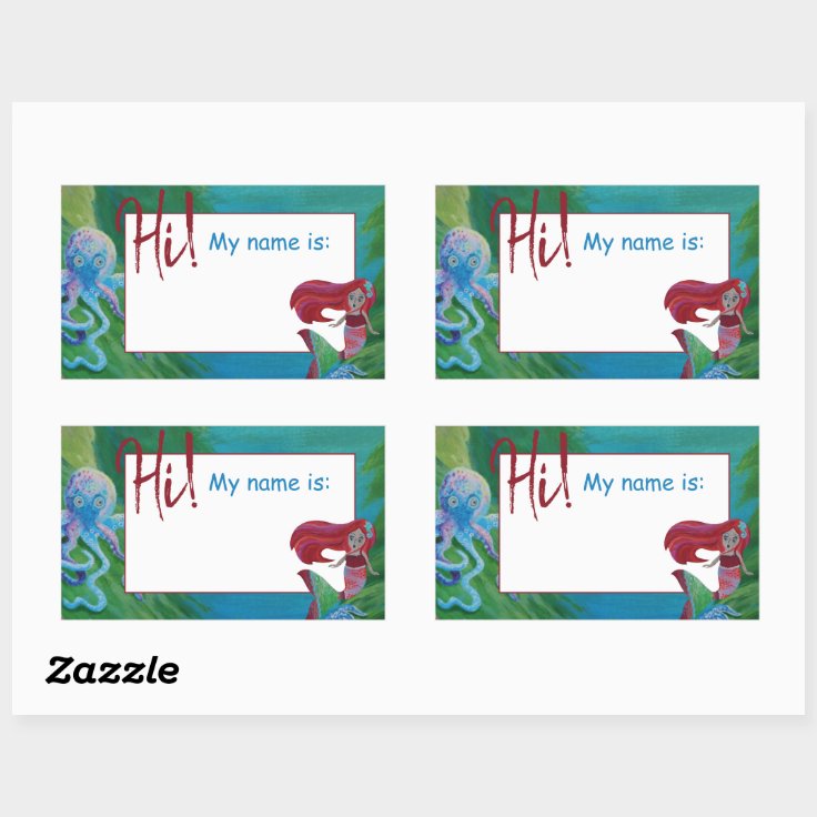 Mermaid Octopus, Blue Aqua Red Green Name Tag | Zazzle